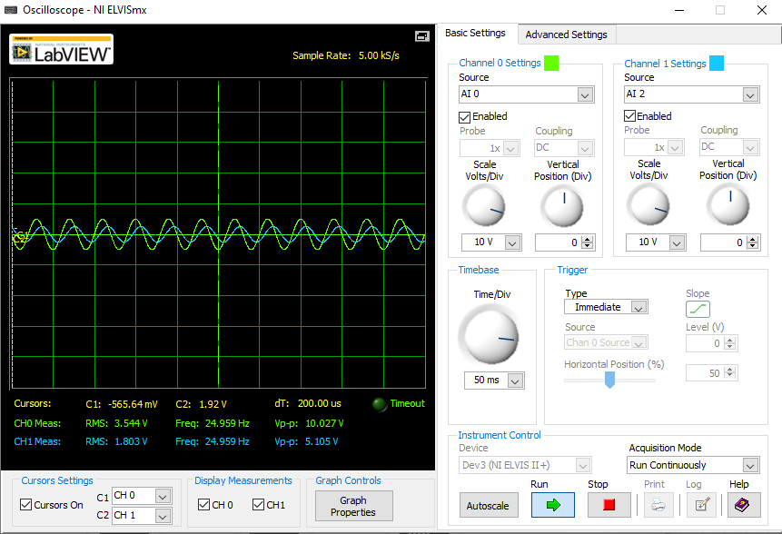 Solved 2 Oscilloscope - NI ELVISmx - O X Basic Settings | Chegg.com