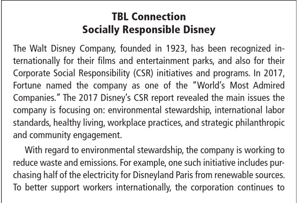 Solved TBL Connection Socially Responsible Disney The Walt | Chegg.com