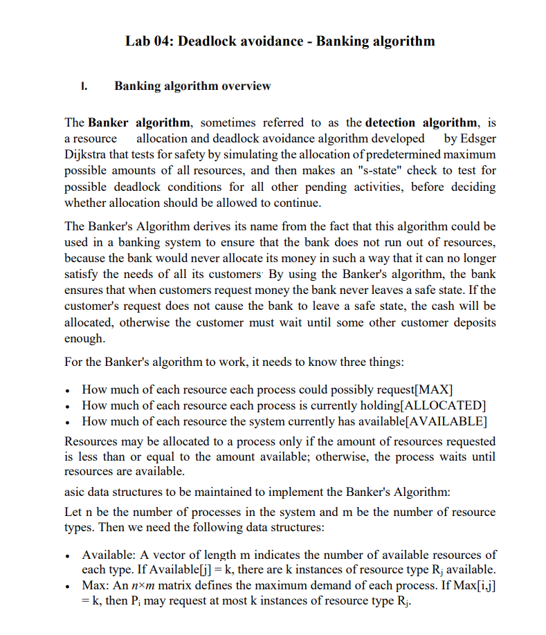 Solved Lab 04: Deadlock avoidance - Banking algorithm I. | Chegg.com