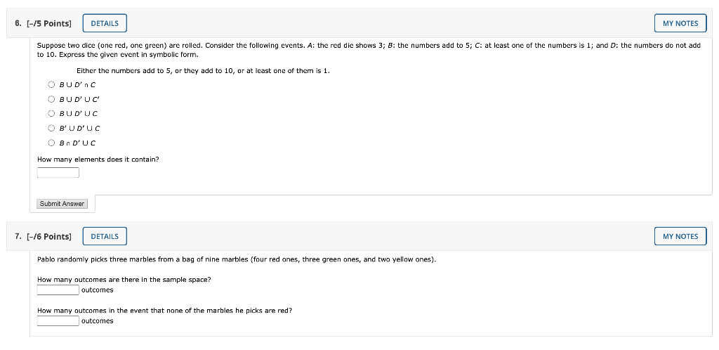 Solved 6. [-/5 Points] DETAILS MY NOTES Suppose two dice | Chegg.com