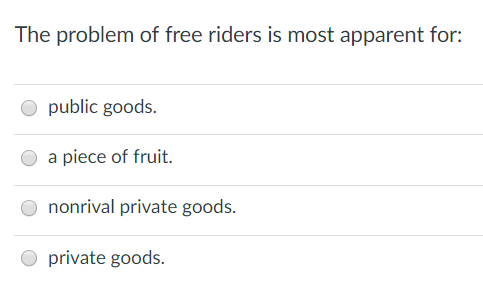 Solved The problem of free riders is most apparent for: | Chegg.com