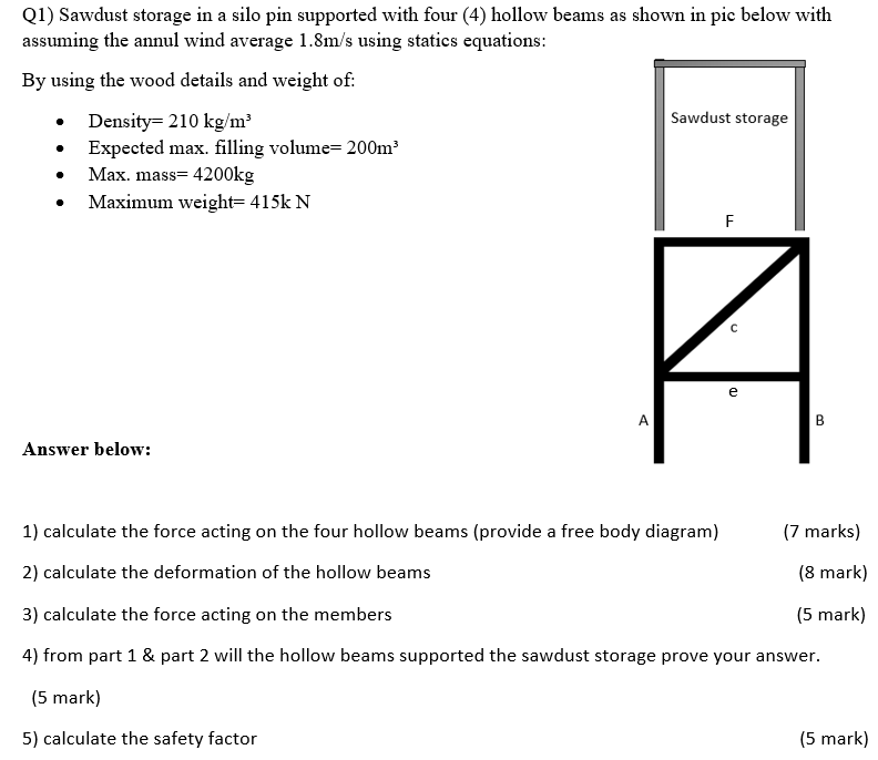 Q1) Sawdust storage in a silo pin supported with four | Chegg.com