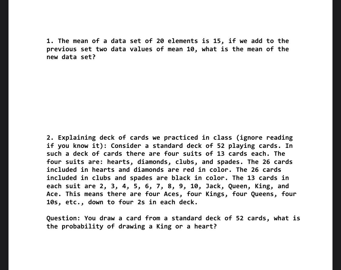 Solved 1. The mean of a data set of 20 elements is 15, if we | Chegg.com