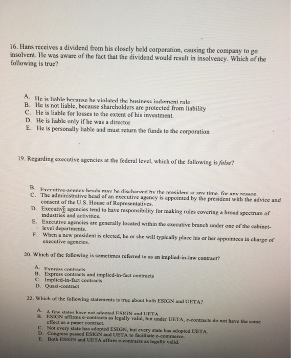 Solved 16. Hans receives a dividend from his closely held | Chegg.com