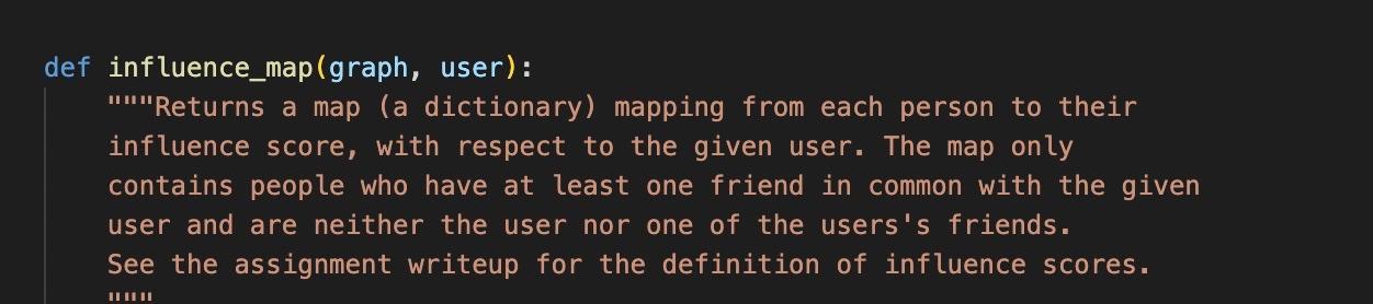 Solved def influence_map(graph, user): "'" Returns a map (a | Chegg.com