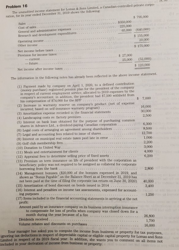 ol 18, 14 p The unaudited income statement for Lomas | Chegg.com