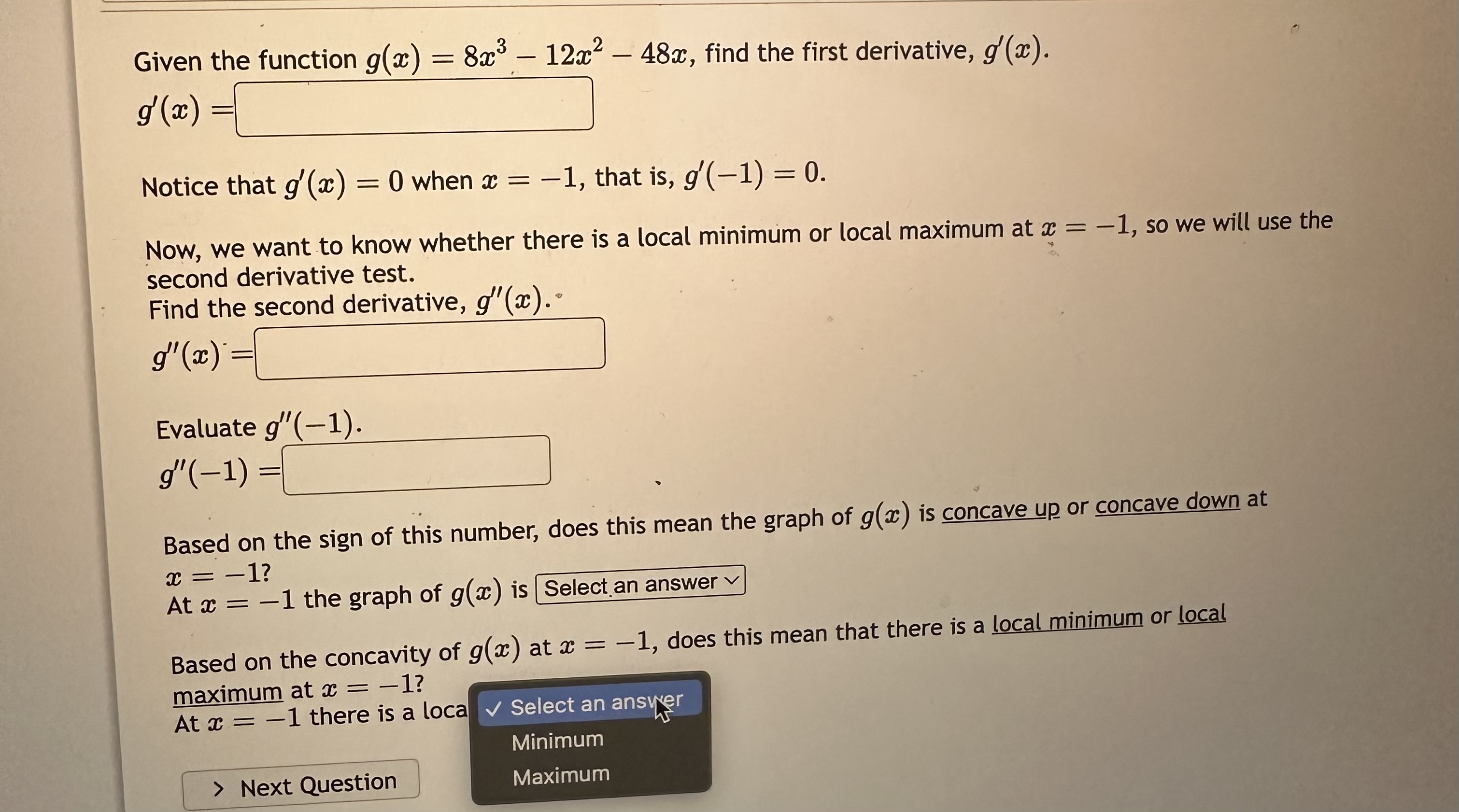 Solved Given the function g(x)=8x3−12x2−48x, find the first | Chegg.com