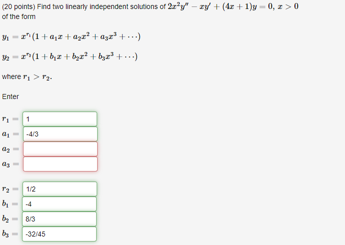 Solved (20 points) Find two linearly independent solutions | Chegg.com
