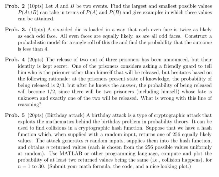 Solved Prob. 2 (10pts) Let A and B be two events. Find the | Chegg.com