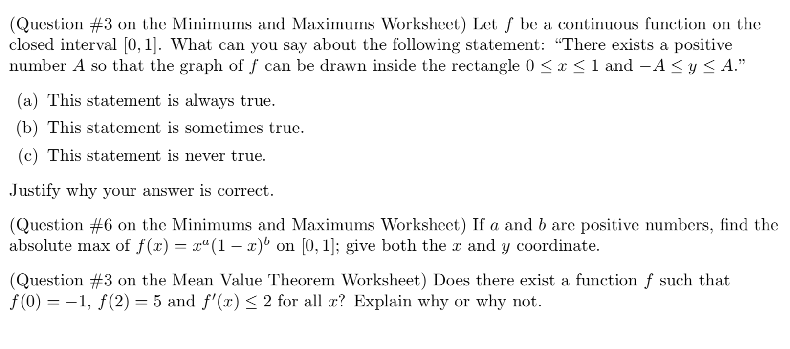 Solved (Question #3 on the Minimums and Maximums Worksheet) | Chegg.com