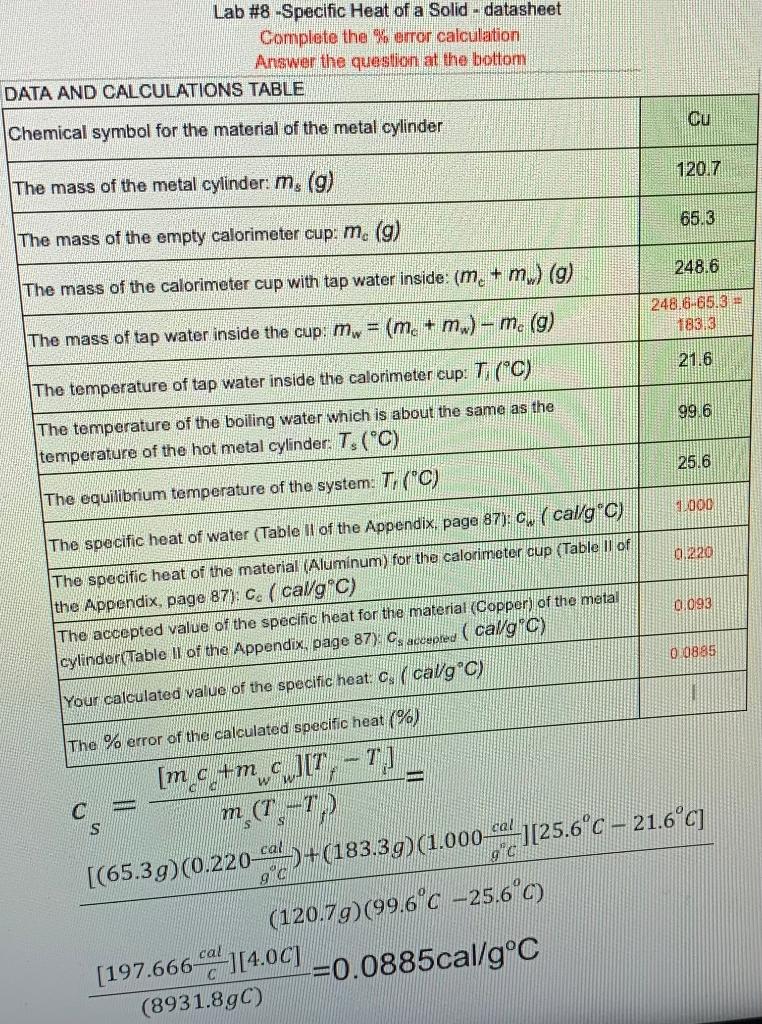 Solved Lab #8 -Specific Heat of a Solid - datasheet Complete | Chegg.com