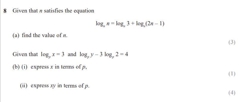 Solved 8 Given that n satisfies the equation log, n = log, 3 | Chegg.com