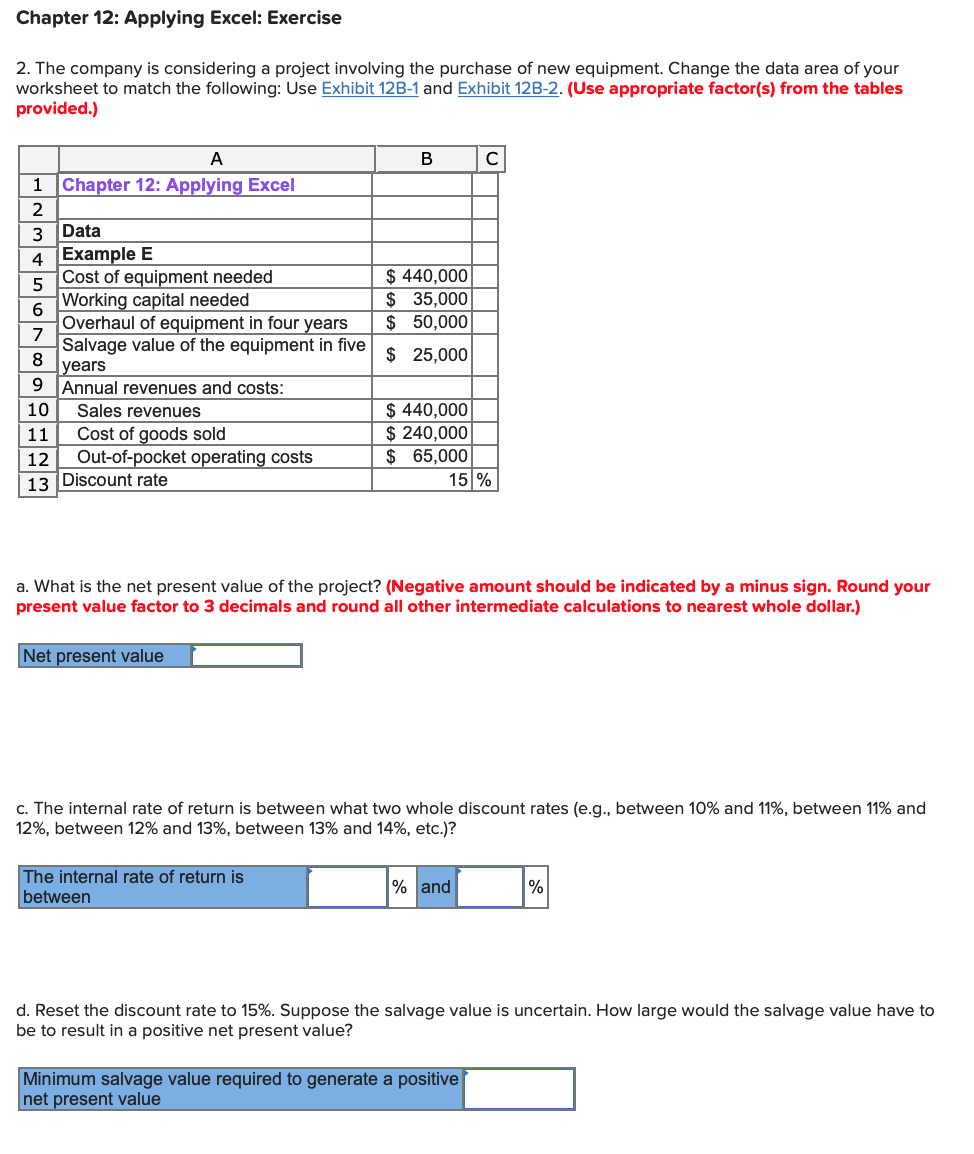 Solved Chapter 12: Applying Excel: Exercise 2. The company | Chegg.com