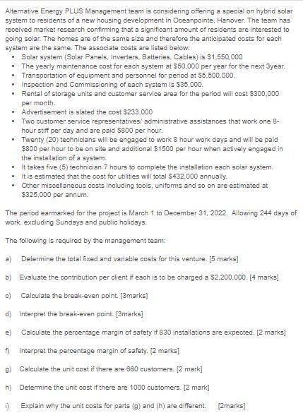 Alternative Energy PLUS Management team is | Chegg.com