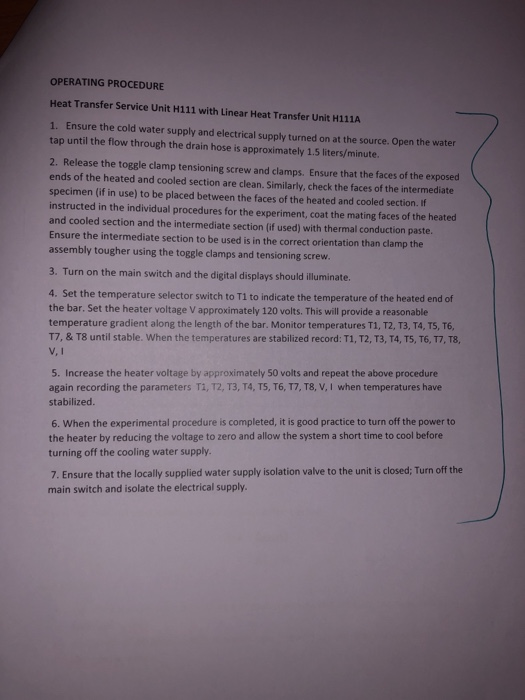 Solved OPERATING PROCEDURE Heat Transfer Service Unit H111 | Chegg.com