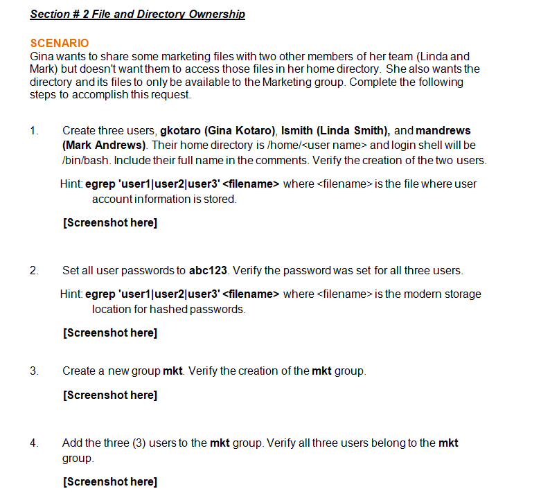 Solved Section # 2 File and Directory Ownership SCENARIO | Chegg.com