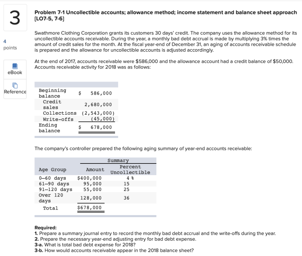 Solved 3 Problem 7-1 Uncollectible accounts; allowance | Chegg.com
