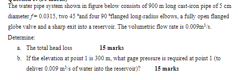 Solved The water pipe system shown in figure below consists | Chegg.com