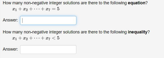 Solved x1+x2+⋯+x7=5 Answer: How many non-negative integer | Chegg.com