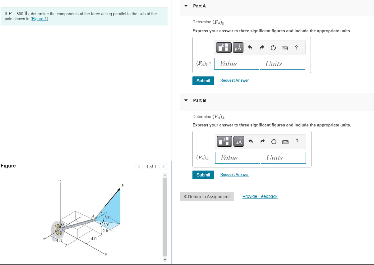 Solved If F=500lb, determine the components of the force | Chegg.com