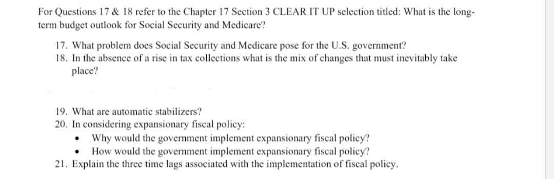 Solved For Questions 17 & 18 refer to the Chapter 17 Section | Chegg.com