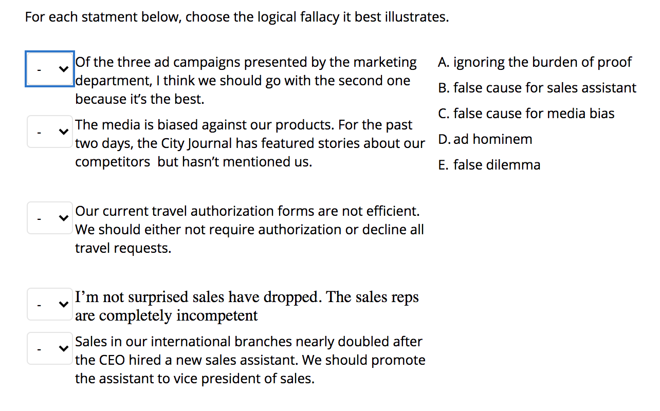 Solved For each statment below, choose the logical fallacy | Chegg.com