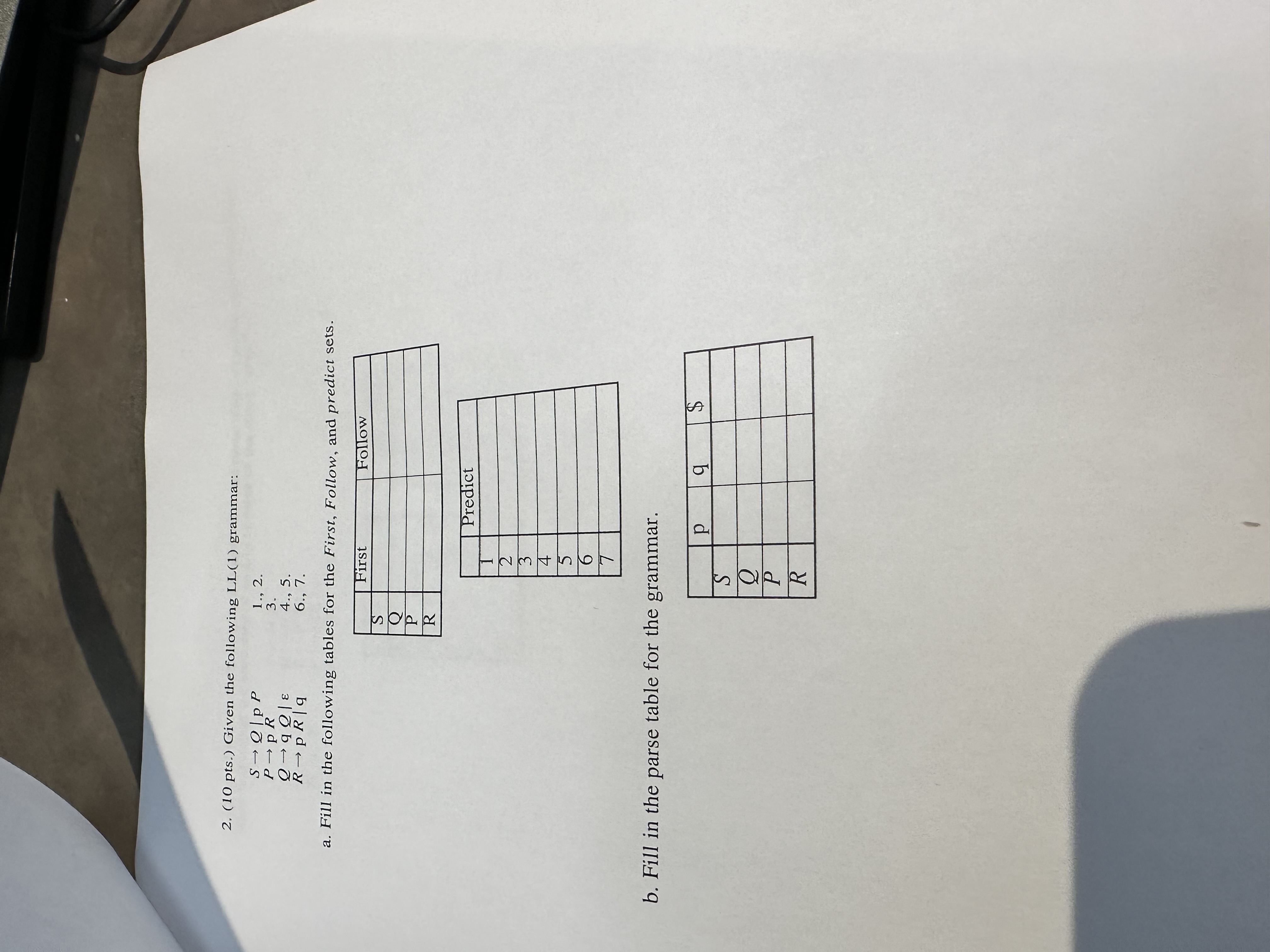 Solved 2. ( 10 pts.) Given the following LL (1) grammar: | Chegg.com