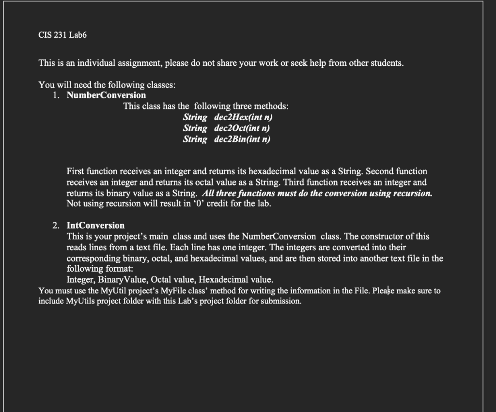Solved CIS 231 Lab6 This is an individual assignment, please | Chegg.com