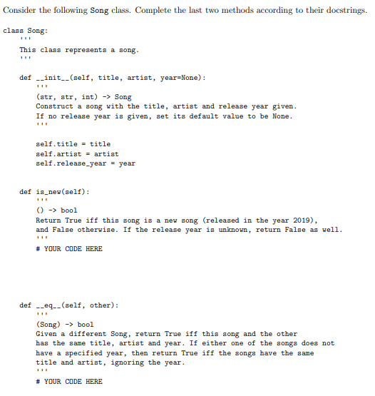 Solved Consider the following Song class. Complete the last | Chegg.com