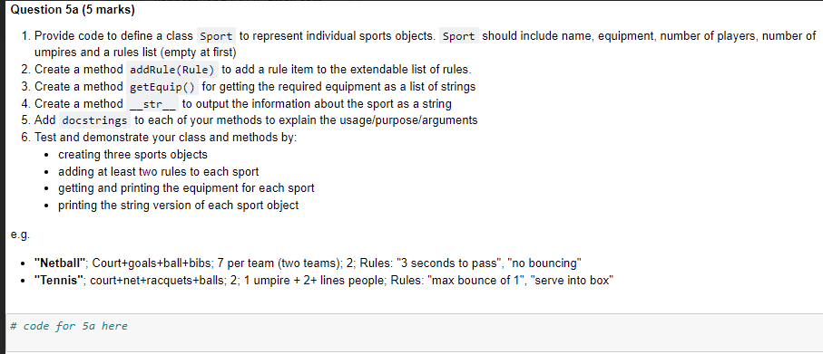 Solved Question 5a (5 marks) 1. Provide code to define a | Chegg.com
