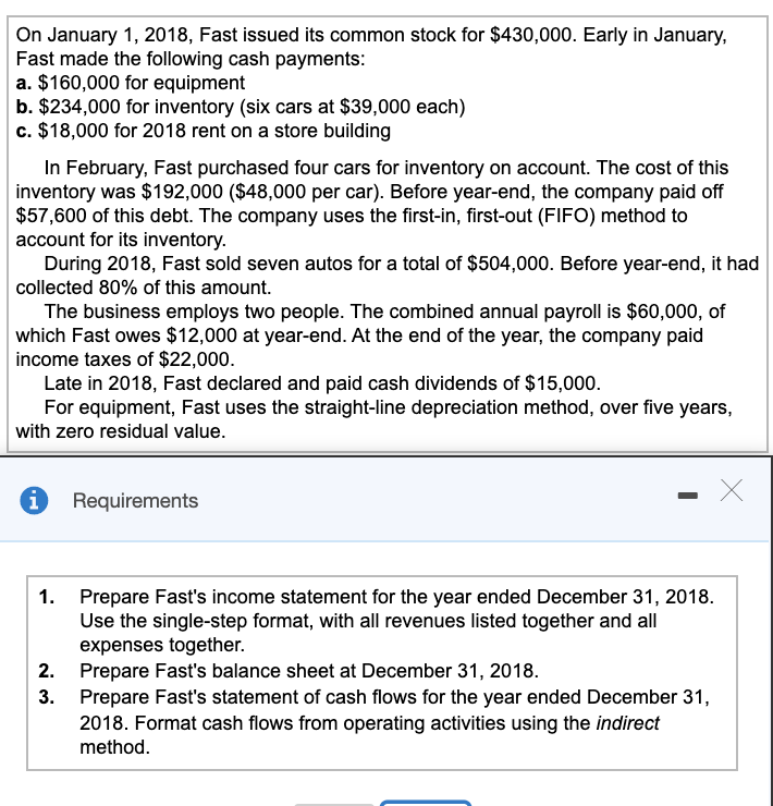 Solved Fast Motors, Inc., was formed on January 1, 2018. The | Chegg.com