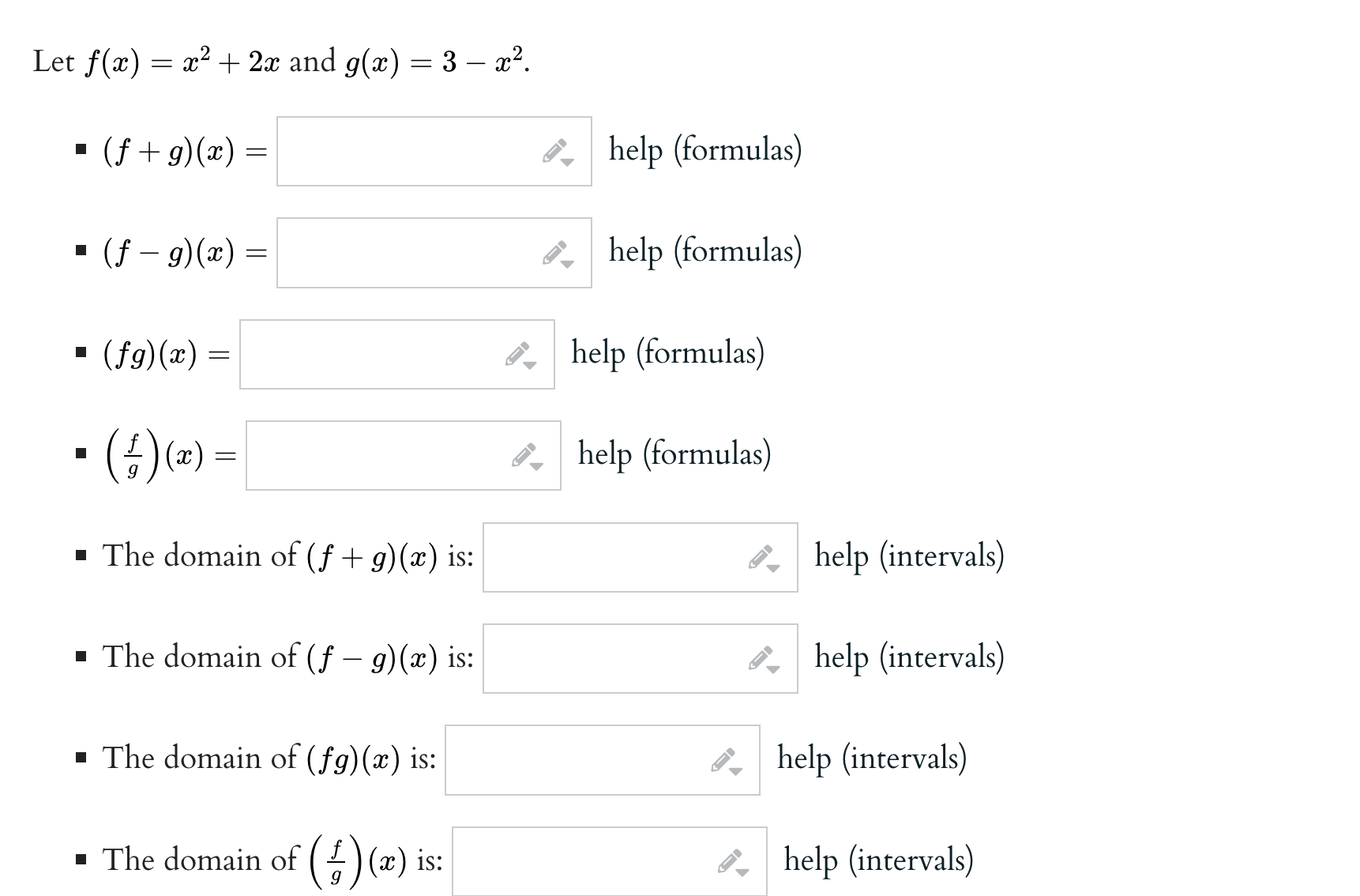 Solved f(x)=x2+2x and g(x)=3−x2 - (f+g)(x)= - (f−g)(x)= | Chegg.com Solved f(x)=x2+2x and g(x)=3−x2 - (f+g)(x)= - (f−g)(x)= | Chegg.com