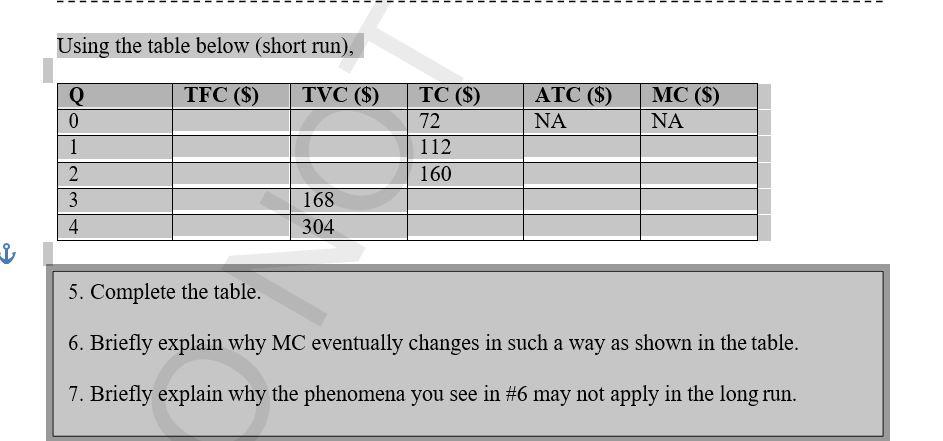 Solved Using the table below (short run), 5. Complete the | Chegg.com