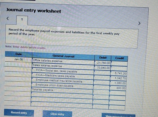 Solved Joumal entry worksheet Record the employee payroll | Chegg.com