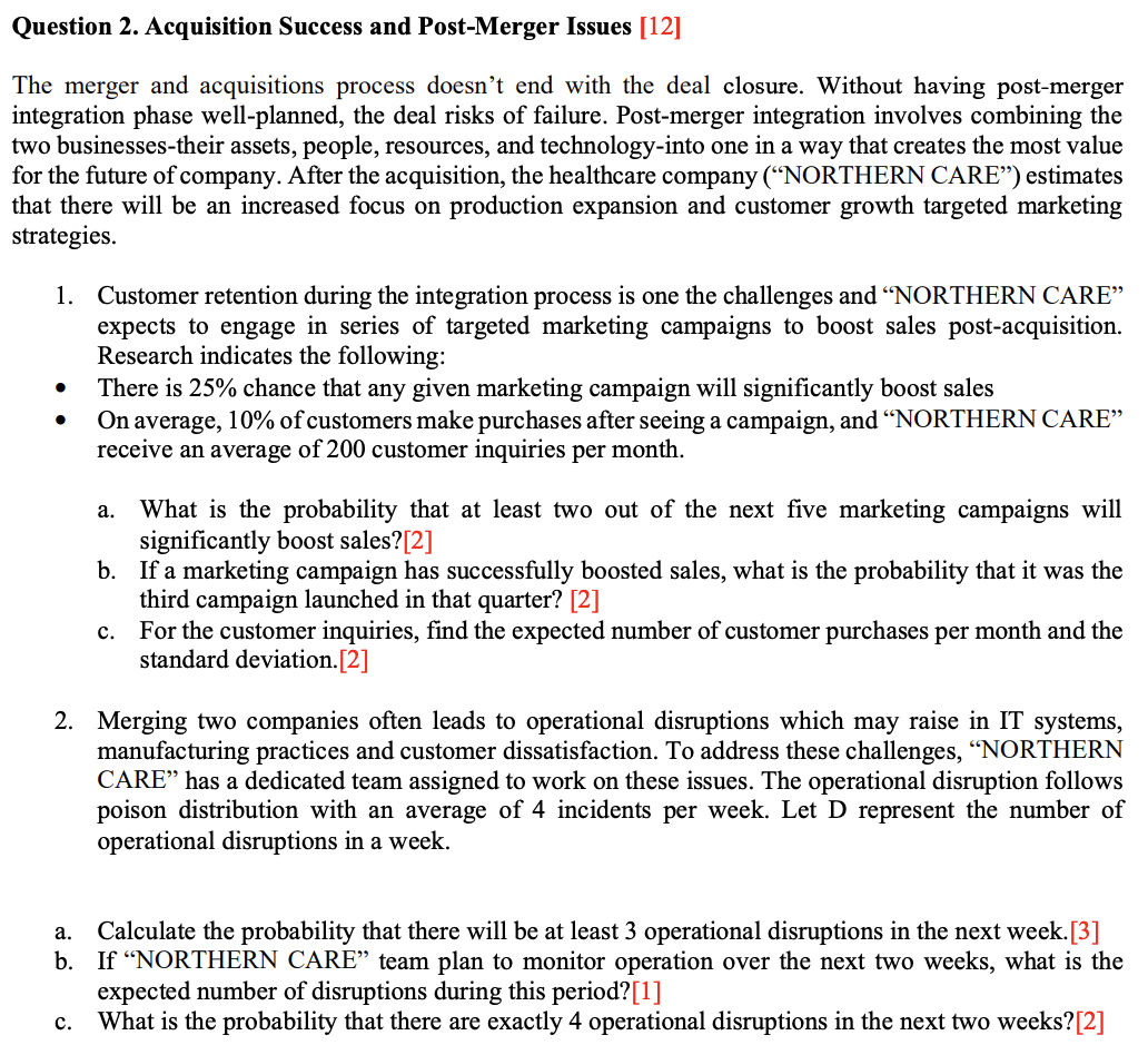 Solved Question 2. ﻿Acquisition Success and Post-Merger | Chegg.com