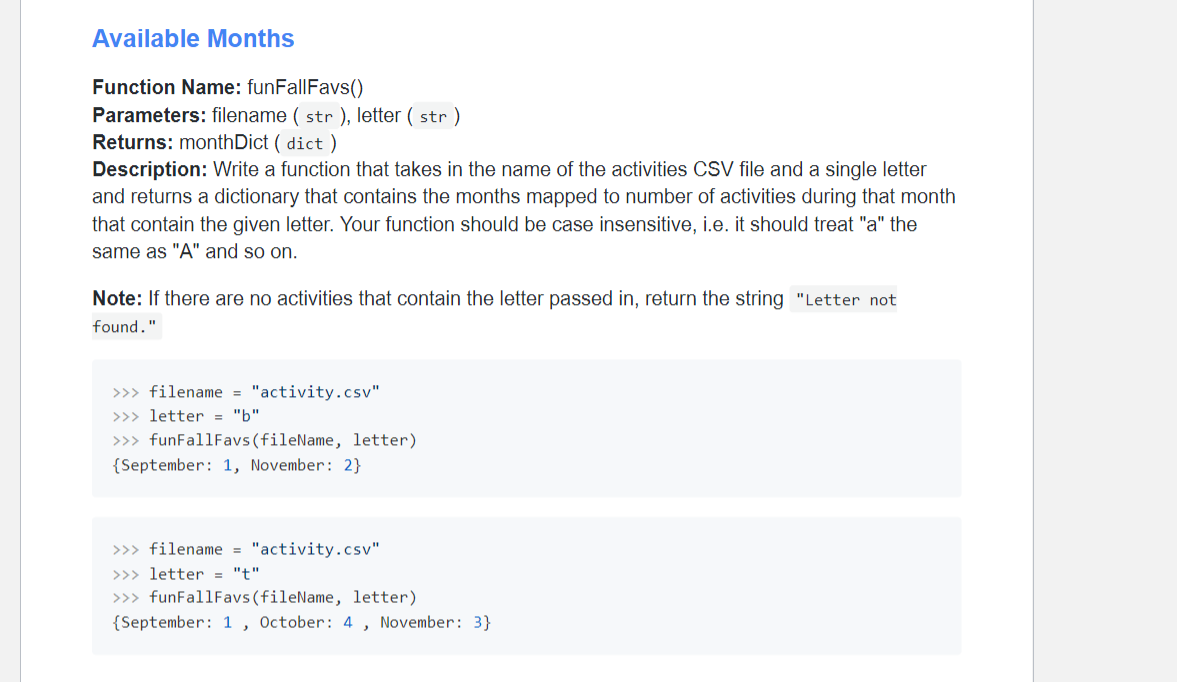 Solved Available Months Function Name: funFallFavs() | Chegg.com