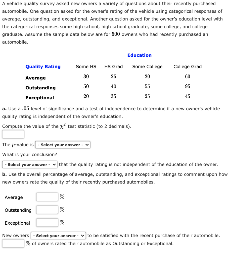 Solved A vehicle quality survey asked new owners a variety | Chegg.com
