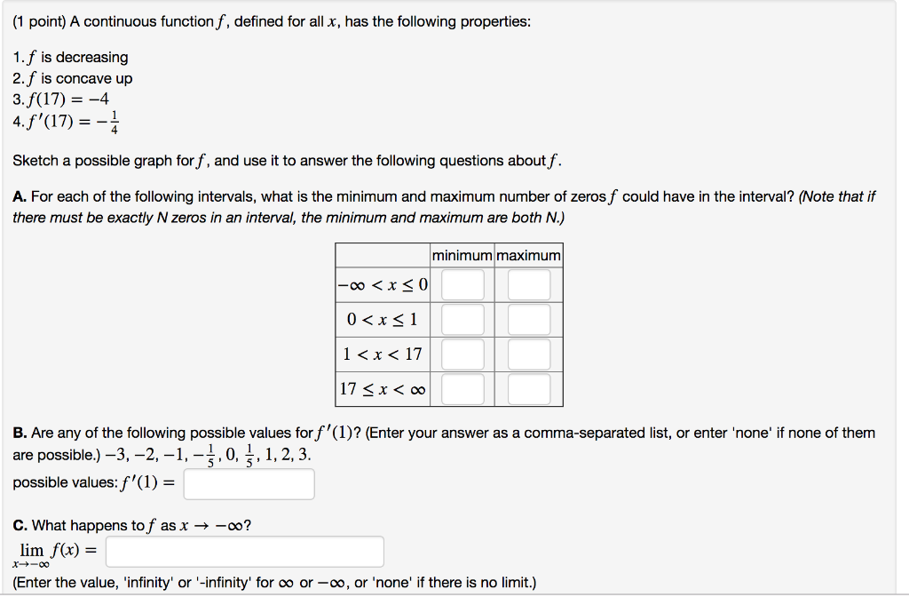 Solved (1 point) A continuous function f, defined for all x, | Chegg.com