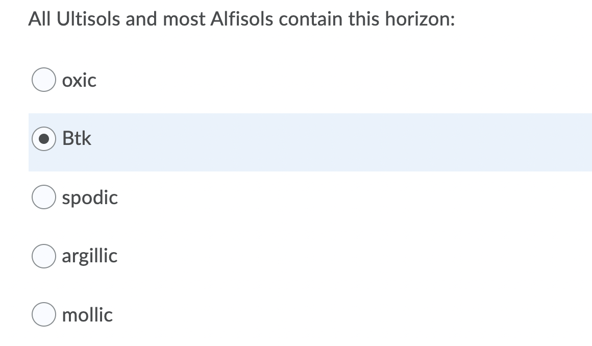 Solved All Ultisols and most Alfisols contain this horizon: | Chegg.com