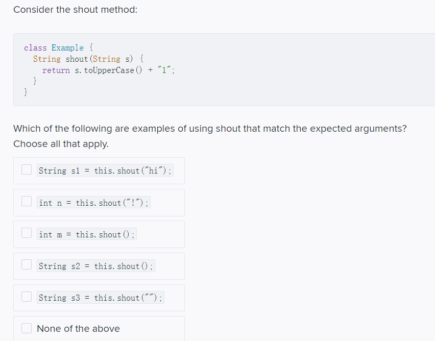 Solved Consider the shout method: class Example { String | Chegg.com