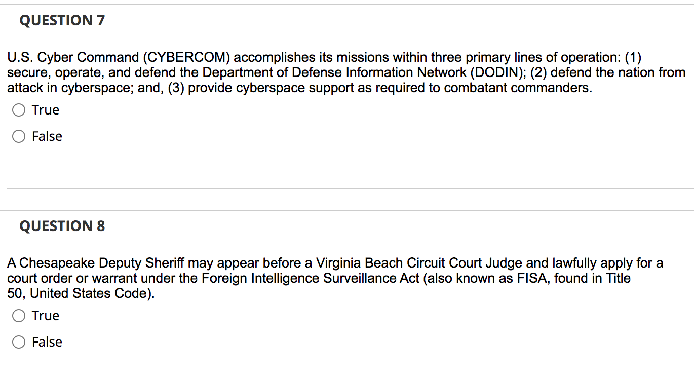 Solved QUESTION 7 U.S. Cyber Command (CYBERCOM) accomplishes | Chegg.com