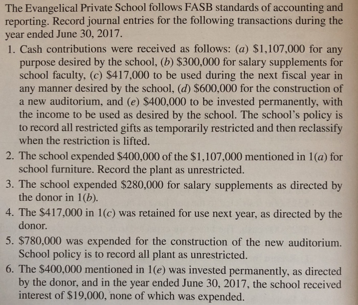 Solved The Evangelical Private School follows FASB standards | Chegg.com
