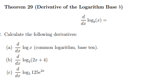 Solved Theorem 29 (Derivative of the Logarithm Base b ) | Chegg.com