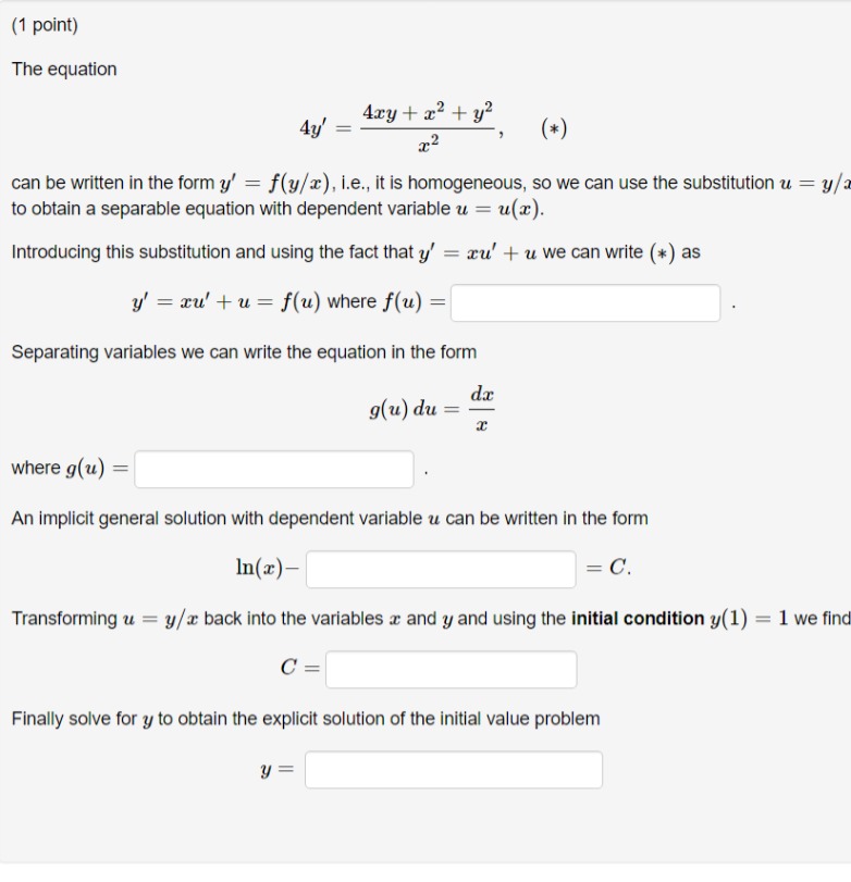 Solved (1 ﻿point)The equation4y'=4xy+x2+y2x2,can be written | Chegg.com