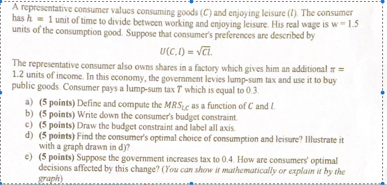 Solved A representative consumer values consuming goods (C) | Chegg.com