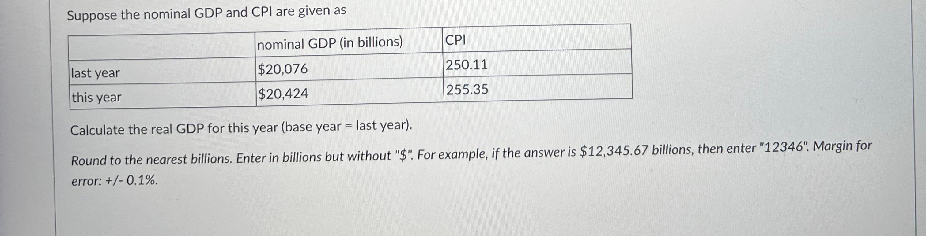 Solved Suppose the nominal GDP and CPI are given as nominal | Chegg.com
