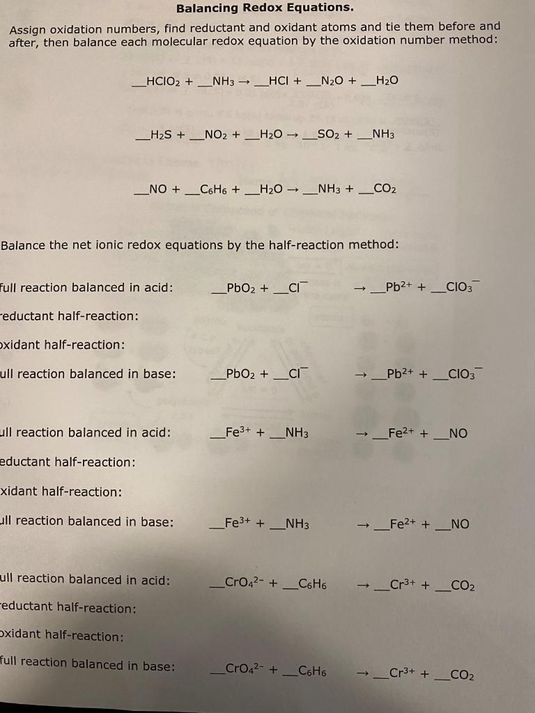 Solved Balancing Redox Equations. Assign oxidation numbers, | Chegg.com