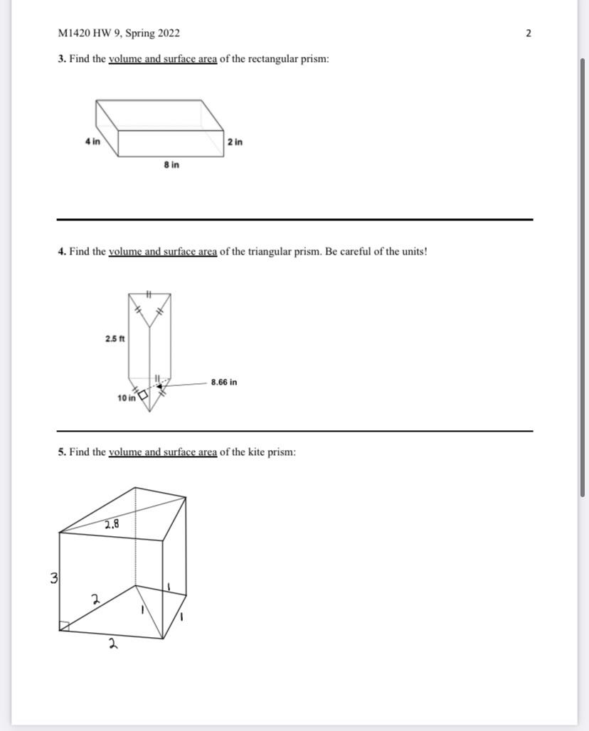 Solved M1420 HW 9, Spring 2022 2 3. Find the volume and | Chegg.com