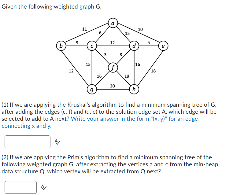 Solved Given the following weighted graph G, (1) If we are | Chegg.com