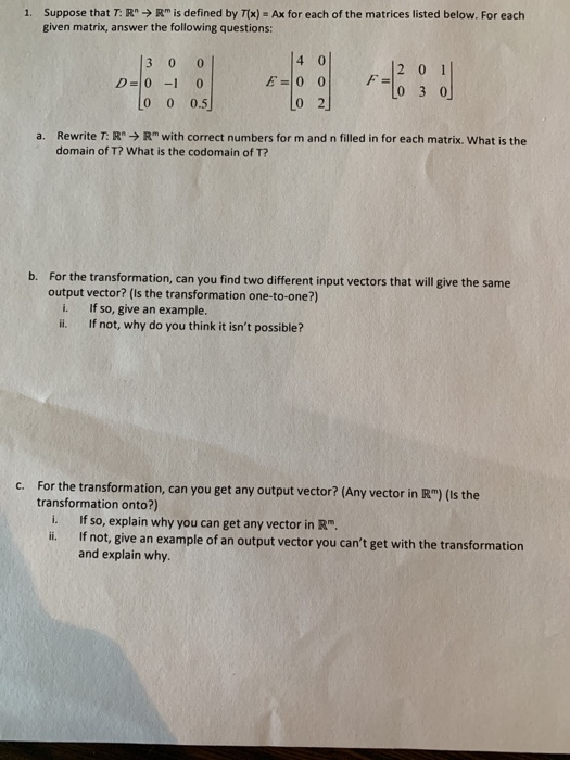 Solved Suppose that T: Rn → Rm is defined by T(x) = Ax for | Chegg.com